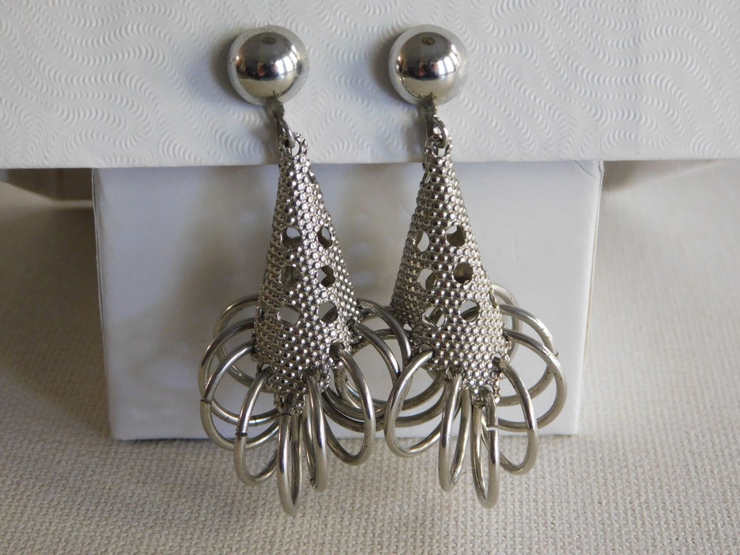 Silver Cone Shape Dangle Drop Multi Loop Screw Back Triangle Earrings ...