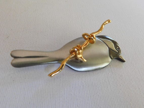 Larges Shields Pewter Bird Sitting On Branch Brooch T… - Gem