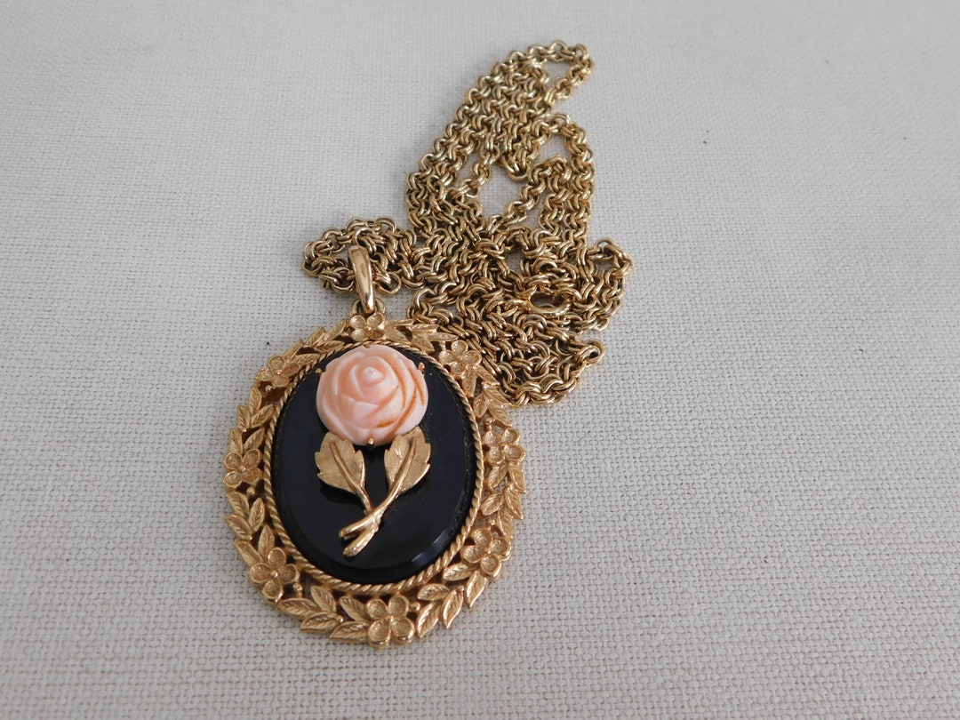 Vintage Avon Gold Black Pink Rose Mirror Reversible Necklace - Etsy
