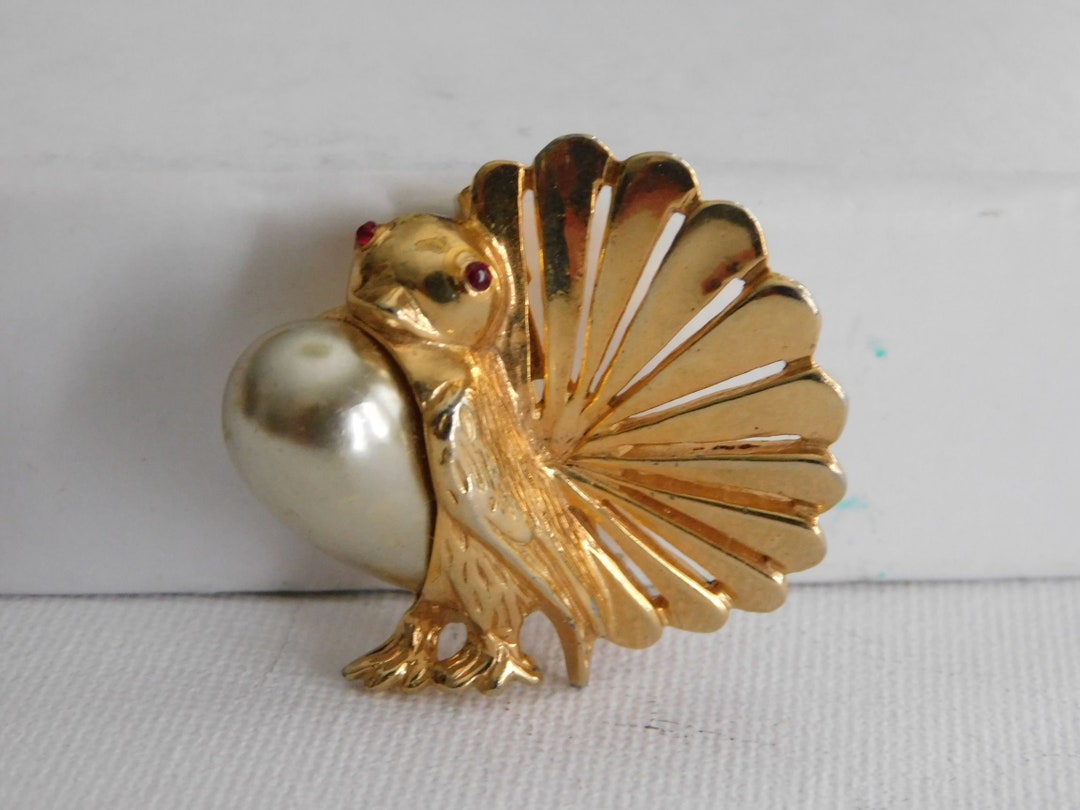 Shiny Gold Red Rhinestone Eyes Pearl Belly Bird Brooch Signed Jolle - Etsy