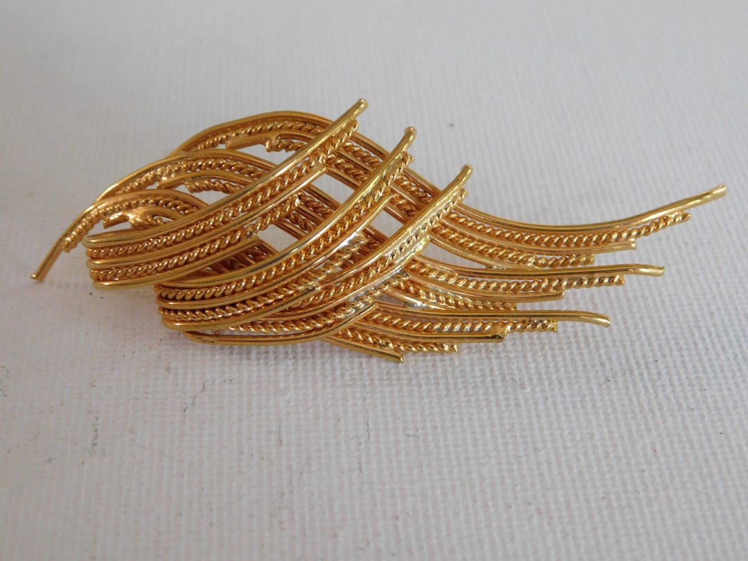 Gold Long Feathered Brooch Pin - Etsy