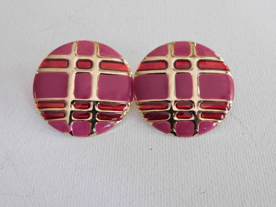 Gold Red Pink Enamel Large Round Shape Earrings Stud Pierced - Etsy