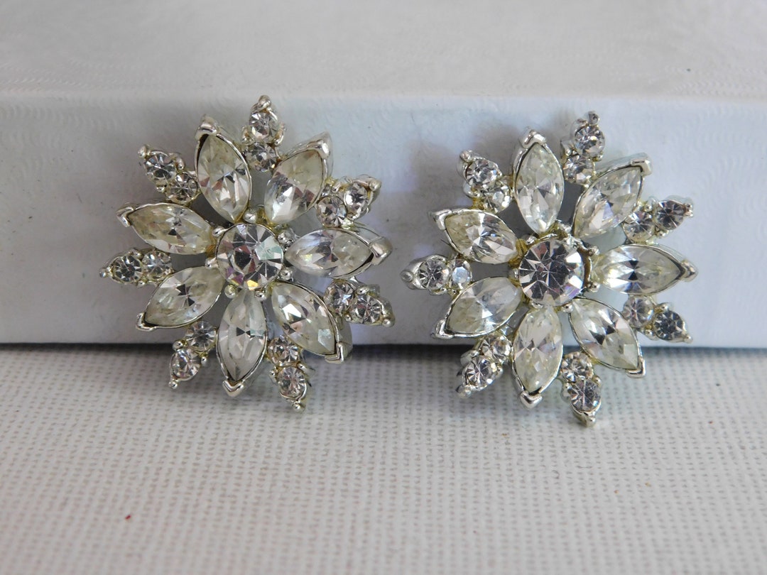 Silver Clear Rhinestone Flower Clip on Earrings Signed Coro - Etsy