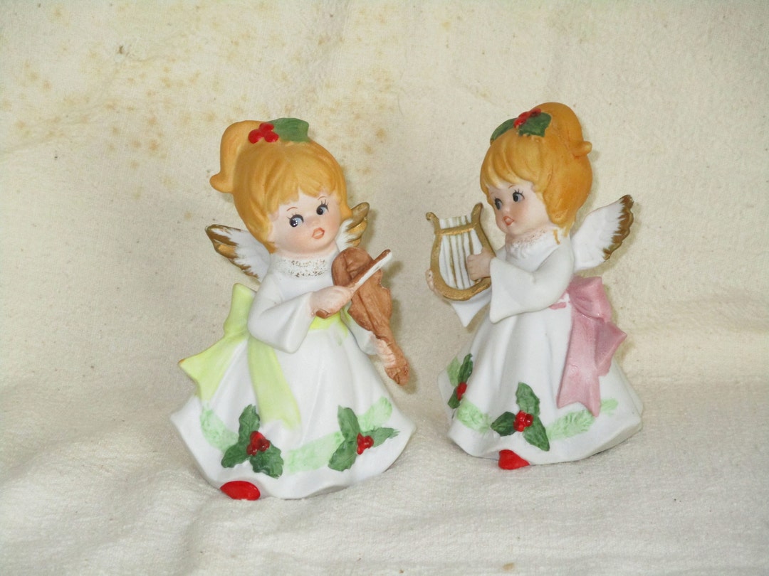 2 Two Vintage Musical Angels, Figurines Instruments, Violin, Harp ...