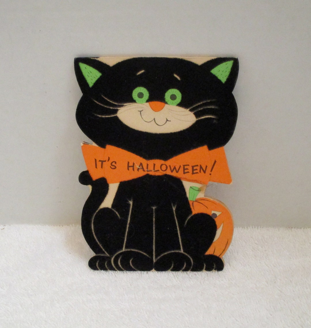 Happy Halloween Stand up Card Vintage, Halloween Card, Velour Black Cat ...