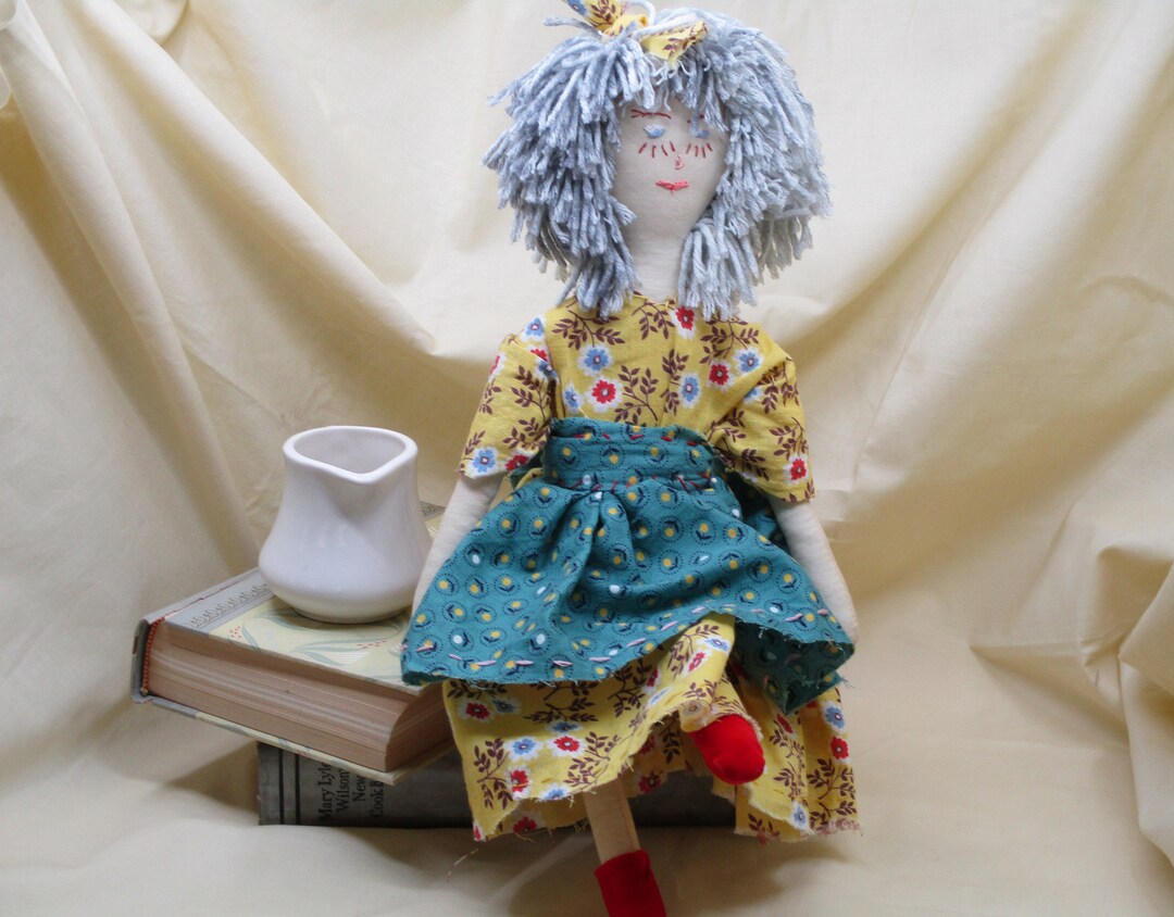 Handmade Folk Art Doll: Vintage Feed Sack Fabric, Hand-embroidered Face ...