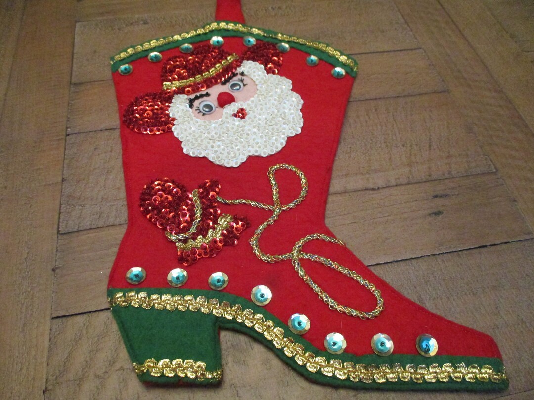 Vintage Felt Santa Boot: Sequin Cowboy Hat, Christmas Accent Decor - Etsy