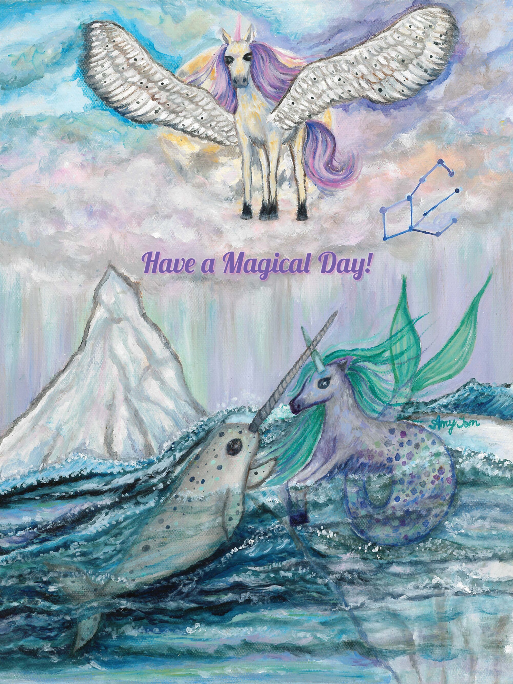 Narwhal Birthday Card, Unicorn Mermaid Greeting Card, Pegasus Greeting ...