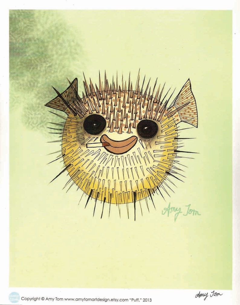 Smiling Pufferfish Art Print, Smoking Pufferfish Illustration Art, Cute ...