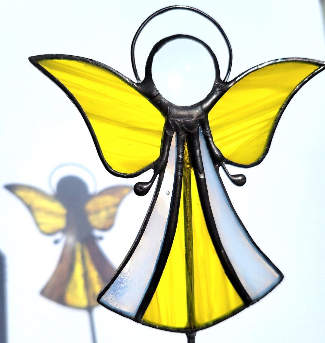 Wispy Yellow and White Stained Glass Angel Plant Stake Suncatcher ...