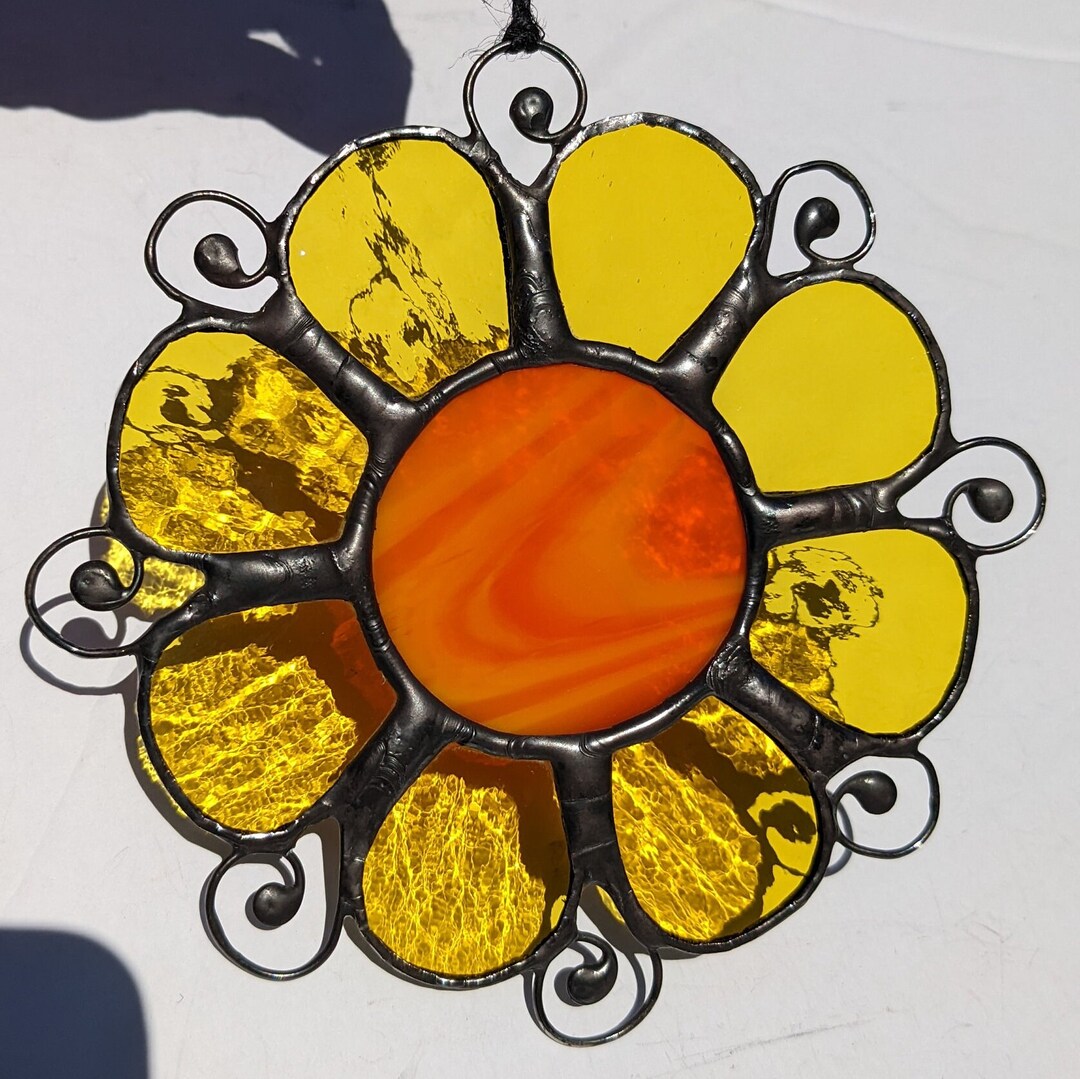 Golden Yellow and Orange Groovy Hippie Sunflower Stained Glass ...