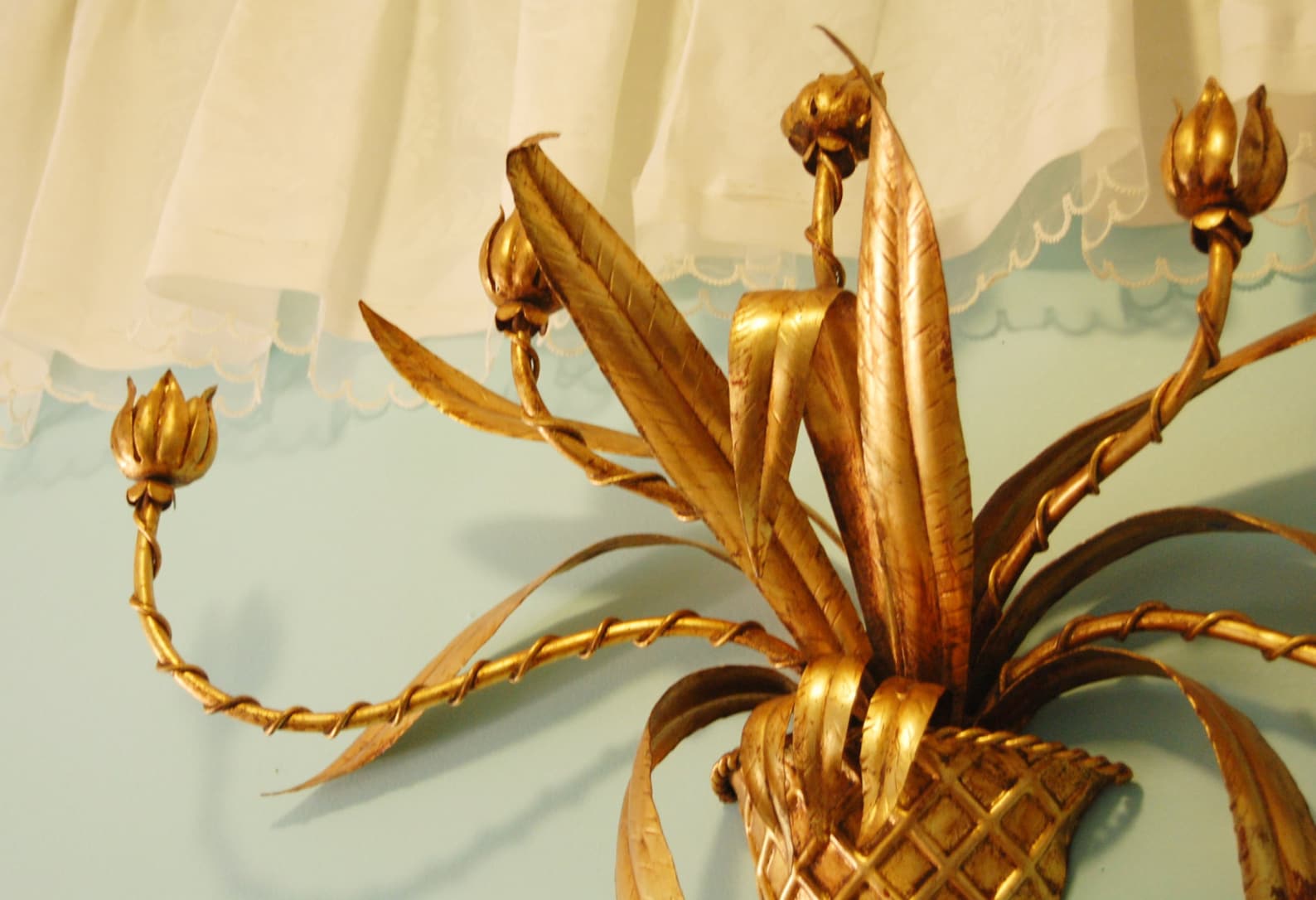 Italian Tole Wall Sconce - Large Vintage Gold Floral Woven Basket ...