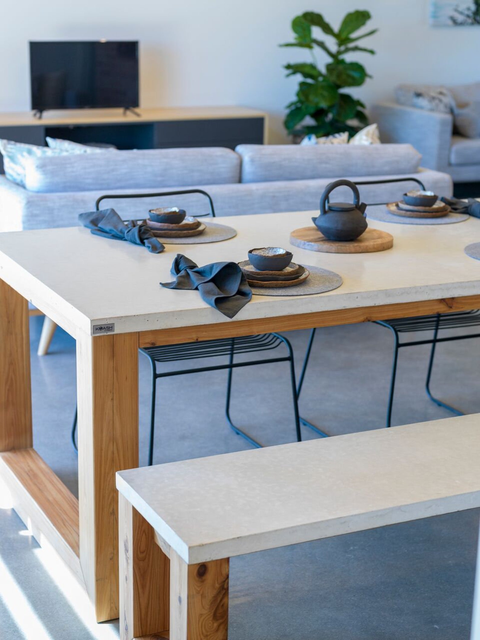 White Concrete Dining Table With Timber Loop End Base. 2.1m Polished ...