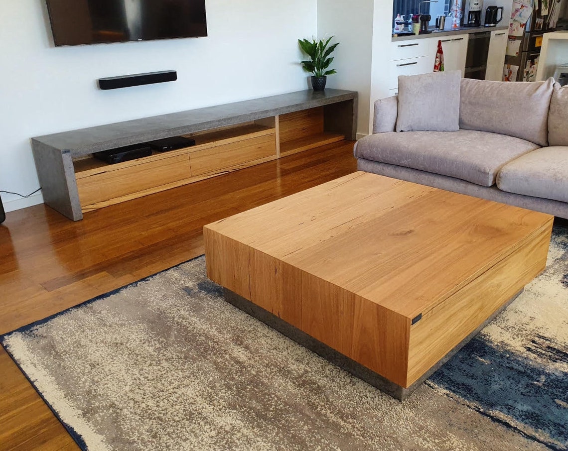 3m Modern Hardwood and Concrete TV Unit, Bespoke Handcrafted ...