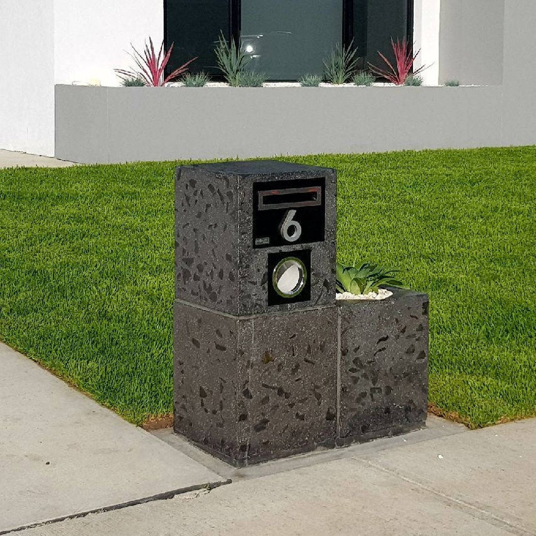 Charcoal and Black Concrete Letterbox With Planter, Polished 2 to 4 ...
