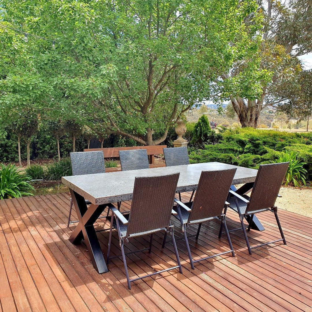 Exposed Aggregate Concrete Dining Table, Black Steel Base, Outdoor ...