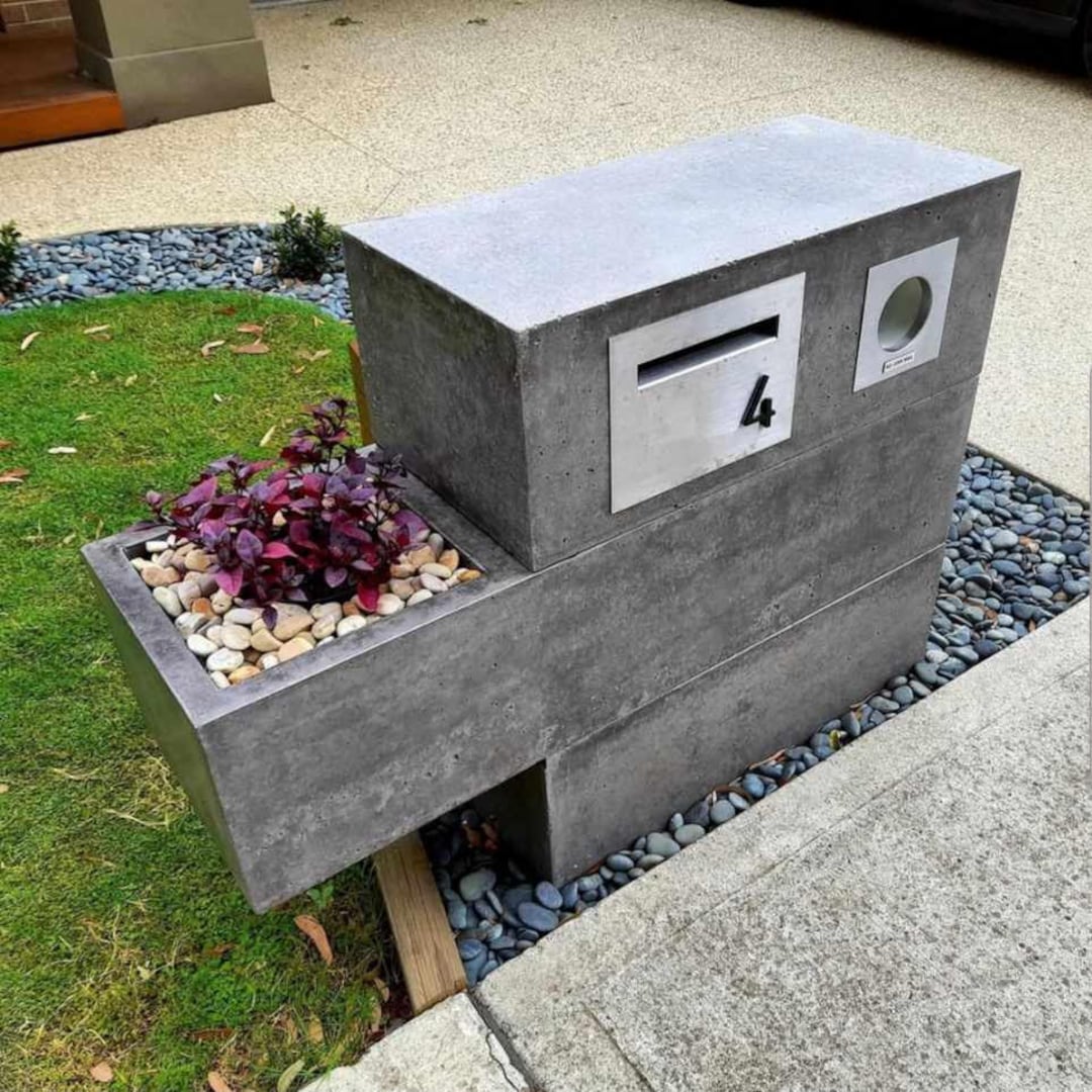 Concrete Charcoal 3 Piece Unique Custom Letterbox With Floating Planter ...