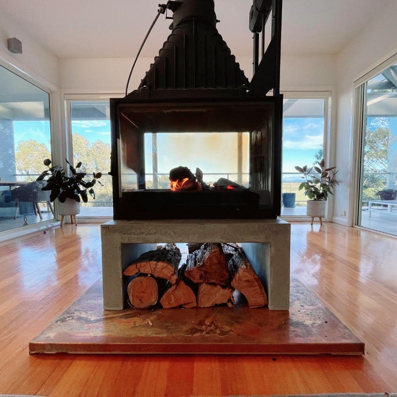 Custom Concrete Fire Hearth, Polished Floating Bench, Fireplace Stand ...