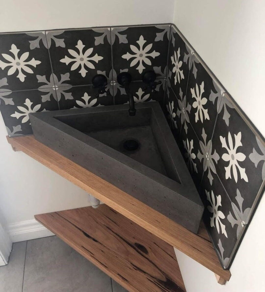 Corner Vanity, Powder Room Vanity Basin. Concrete and Hardwood ...