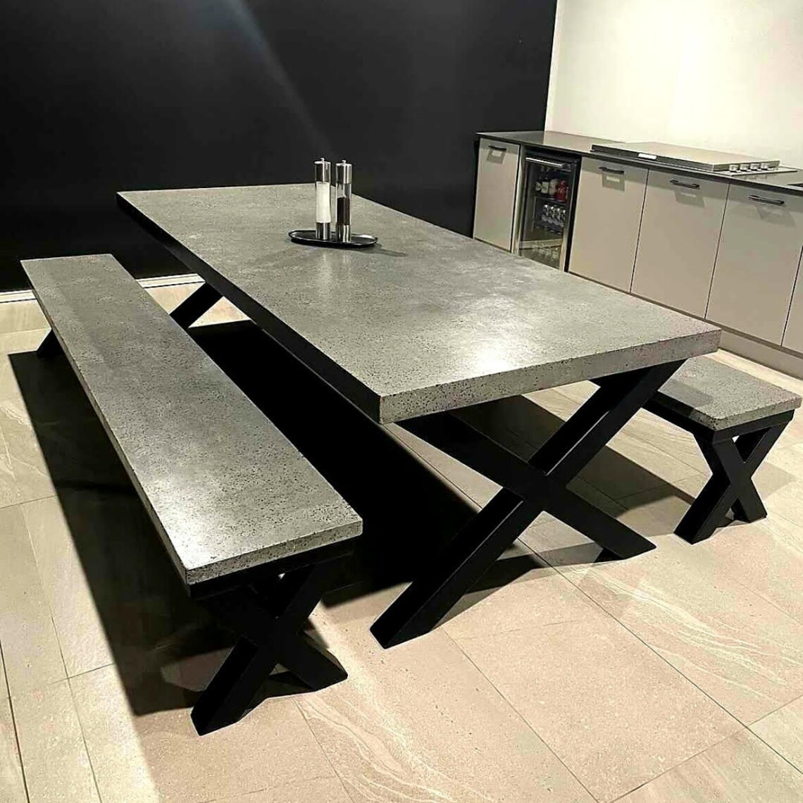 Handmade Concrete Dining Table, Black Steel Base, Outdoor 10-seater ...