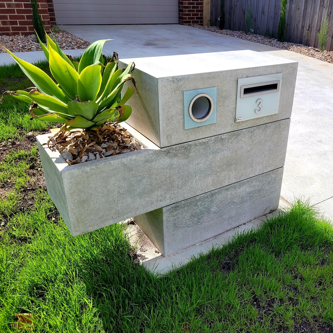 Concrete Charcoal 3 Piece Unique Custom Letterbox With Floating Planter ...