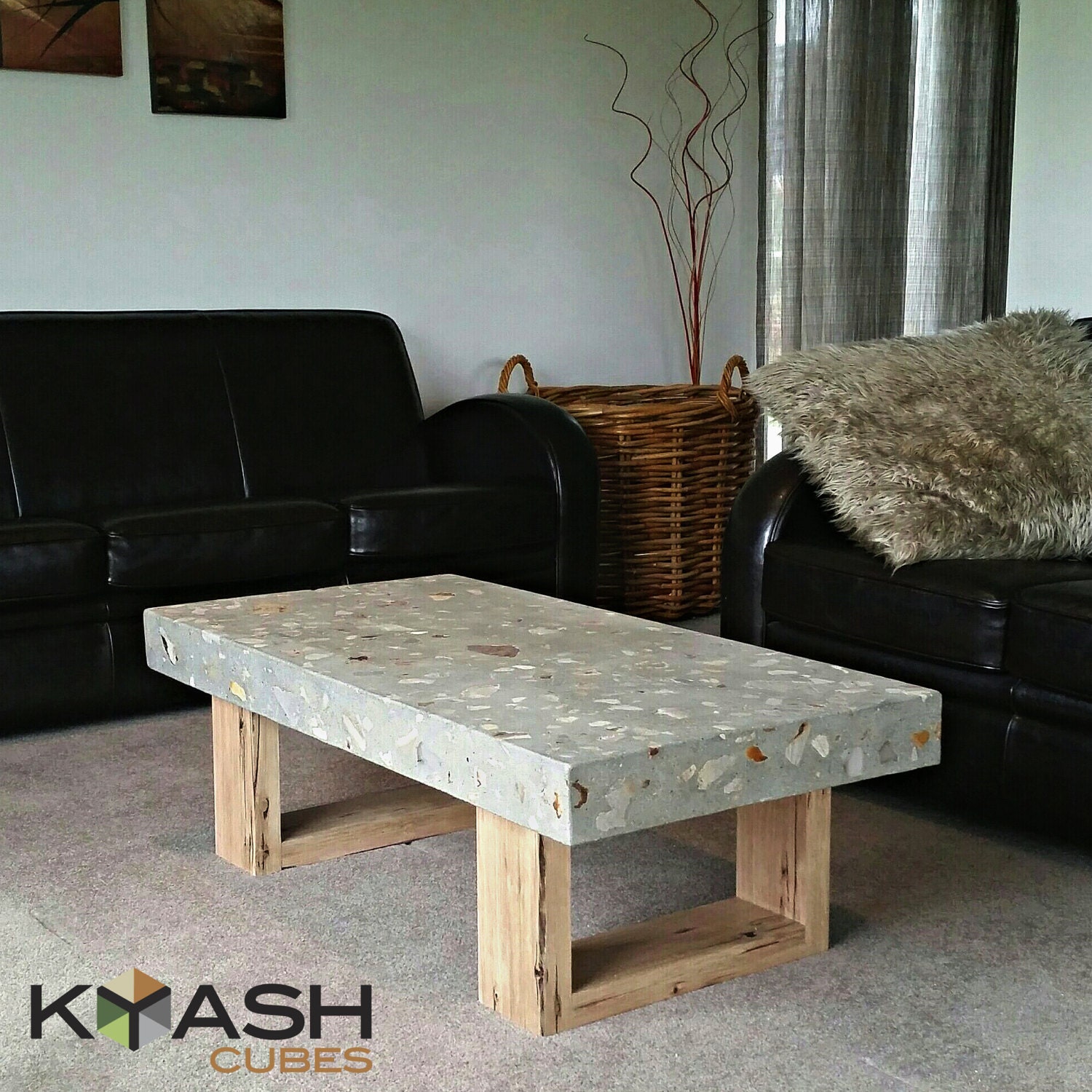 Concrete Coffee Table, Vic Ash Hardwood Base, Exposed Charcoal Polished ...