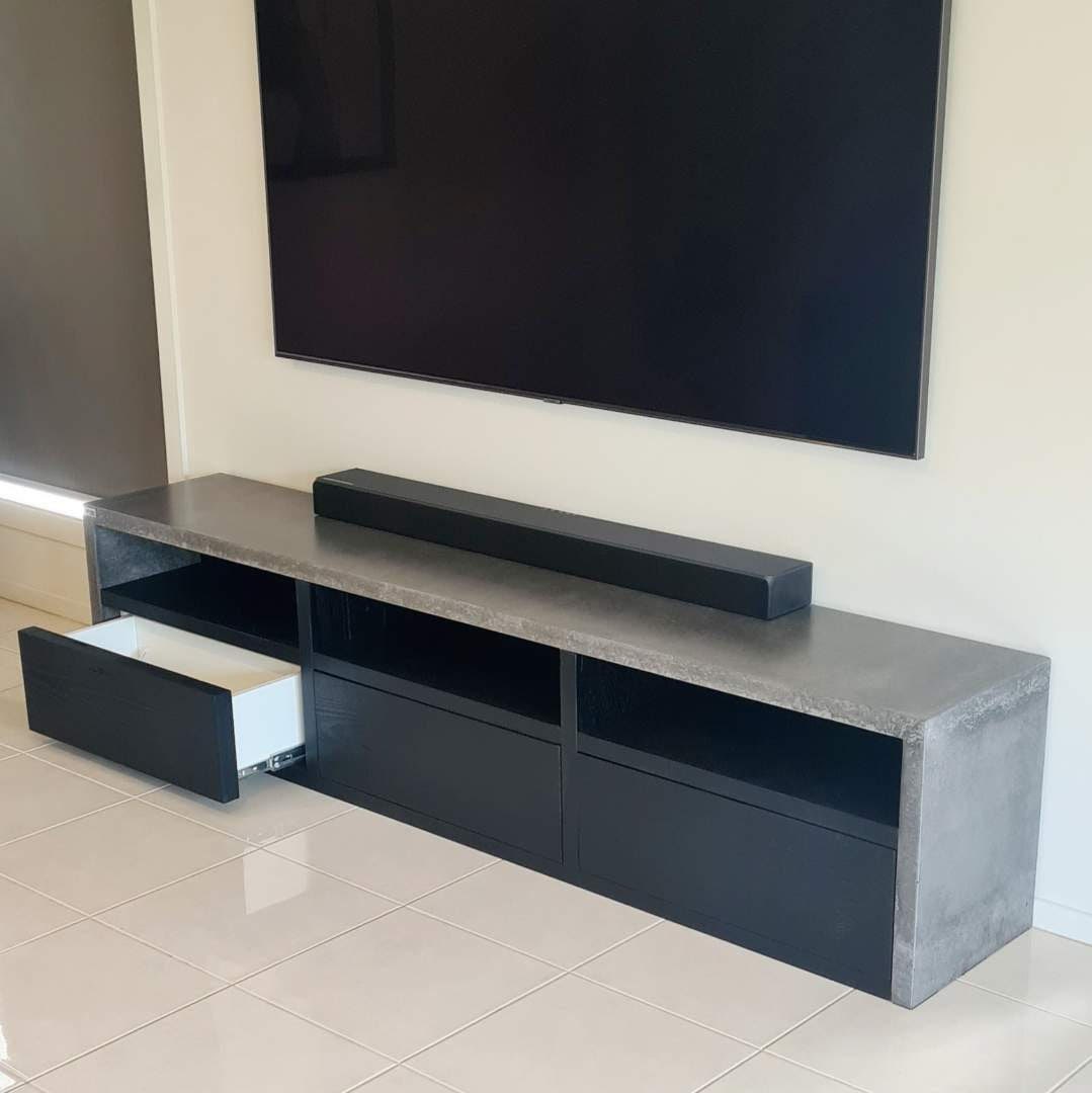 2.2m Industrial Hardwood and Concrete TV Unit, Bespoke Handcrafted ...