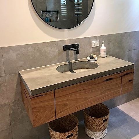 Concrete and Hardwood Floating Exposed Aggregate Concrete Vanity With ...