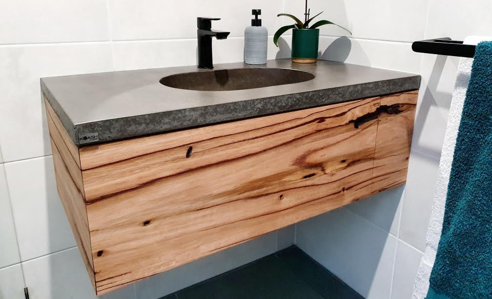 Concrete and Hardwood Vanity, Oval Custom Concrete Sink Handmade Real ...