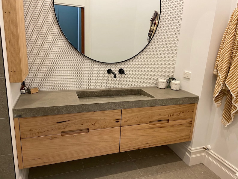 Concrete and Hardwood Floating Exposed Aggregate Concrete Vanity With ...