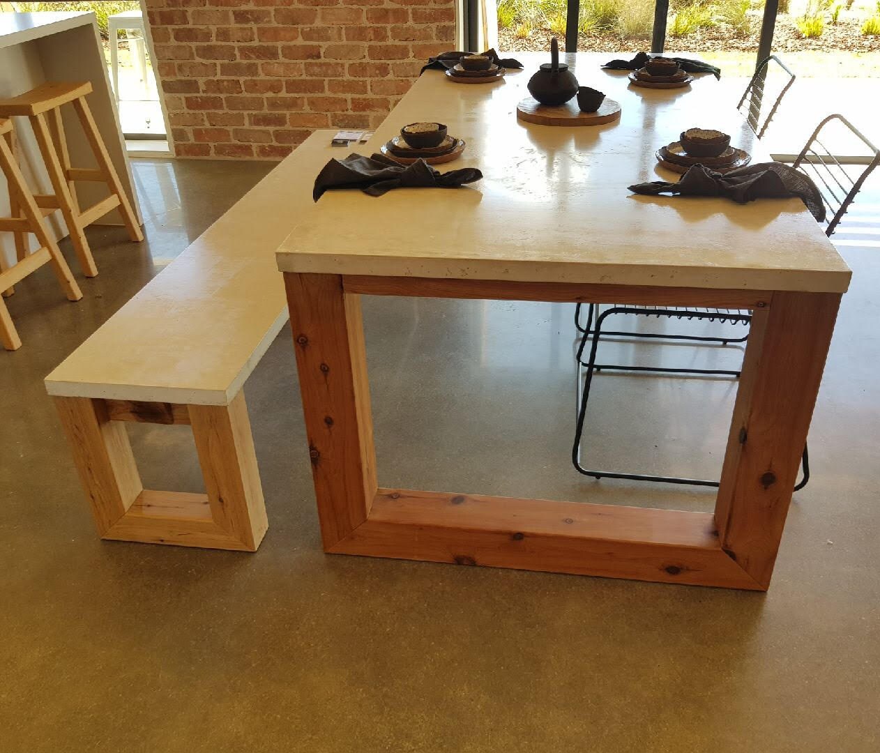 White Concrete Dining Table With Timber Loop End Base. 2.1m Polished ...
