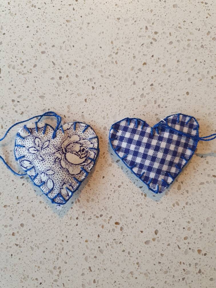 5 Blue and White Hearts, Mini Heart, Fabric Heart, Mini Heart Ornament ...