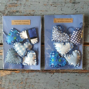 5 Blue and White Hearts, Mini Heart, Fabric Heart, Mini Heart Ornament ...