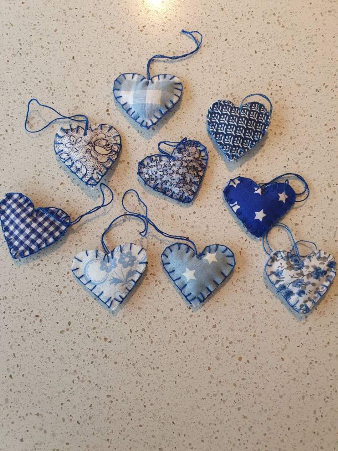 5 Blue and White Hearts, Mini Heart, Fabric Heart, Mini Heart Ornament ...