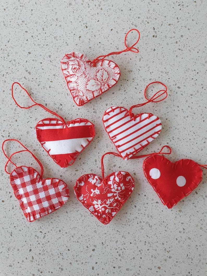 FIVE Red and White Hearts, Mini Heart, Fabric Heart, Mini Heart ...