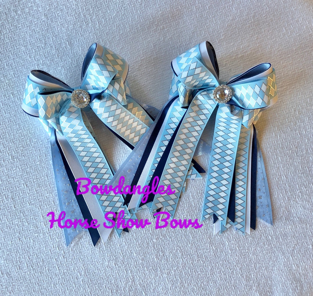 Beautiful Blue Bows for Shows, Glittery Silver Equestrian Bows, Sparkle ...