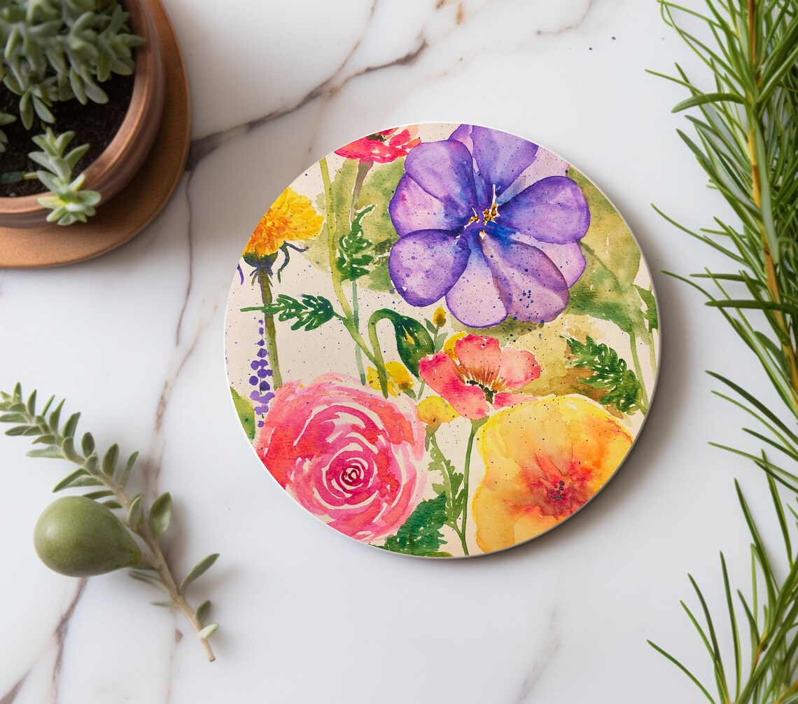 Watercolor Flowers Coaster, Hand Painted Coaster, Wildflower Coasters ...