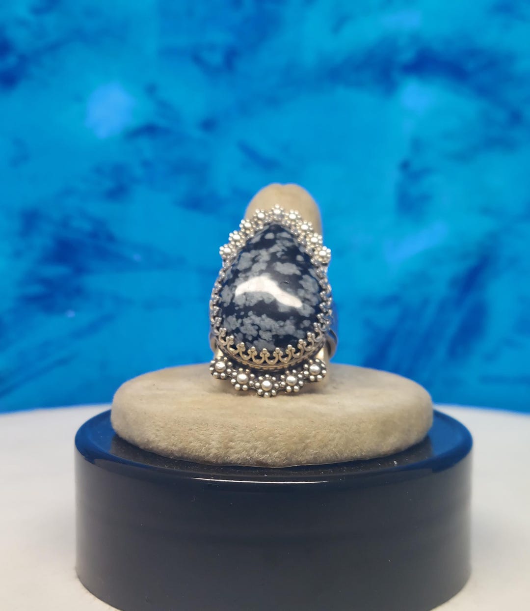 Snowflake Obsidian Sterling Silver Ring, Detailed Heart Band, Size 9 1/ ...