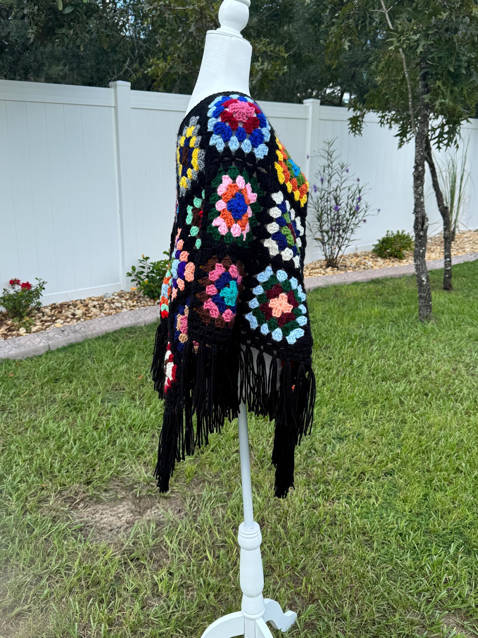 Ready to Ship Crochet Boho Granny Square Poncho Multicolored Black Knit ...