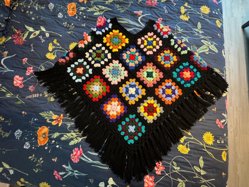 Ready to Ship Crochet Boho Granny Square Poncho Multicolored Black Knit ...