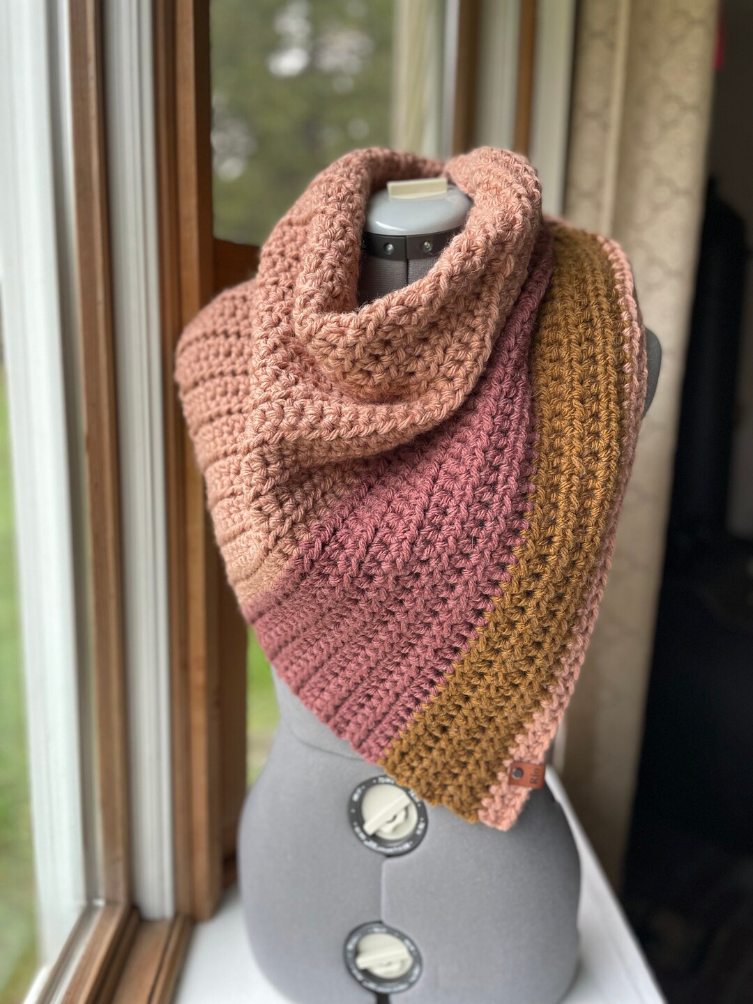 Hand Crocheted Multi Color Wrap Scarf, Knit Shawl, Pink, Mauve, Cognac ...