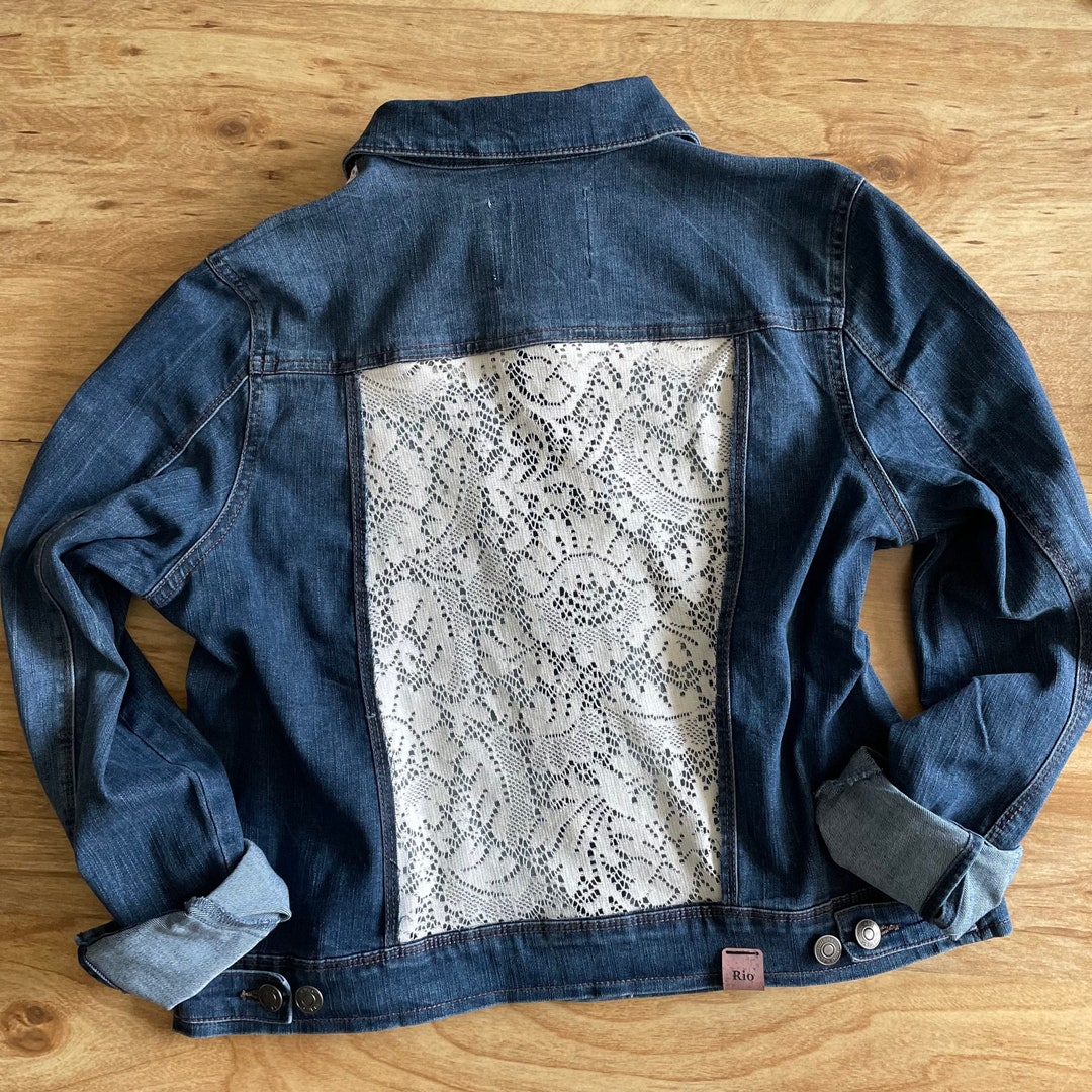 Lace Denim Jean Jacket, Recreated, off White Lace, Boho Denim Jacket ...