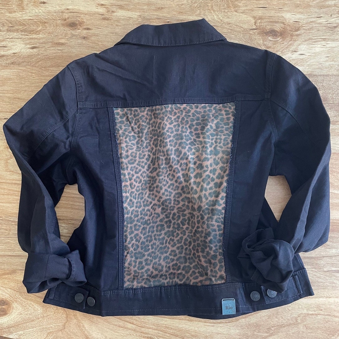 Leopard Trendy Black Denim Jacket, Women's up Cycled Clothing, Large ...