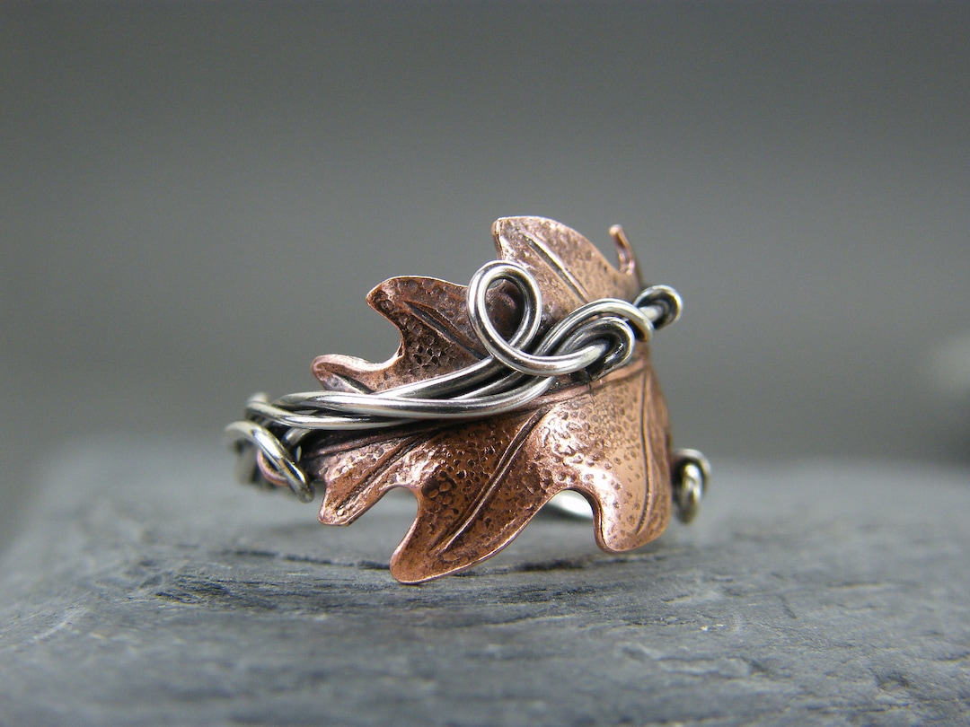 Copper Oak Leaf Ring: Sterling Silver Band, Adjustable Thumb Ring - Etsy