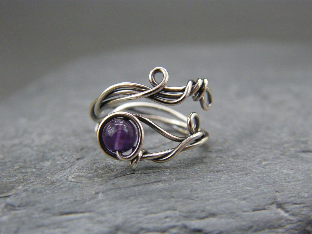 Wire Wrapped Sterling Silver Amethyst Ring - Adjustable Boho Jewelry - Etsy