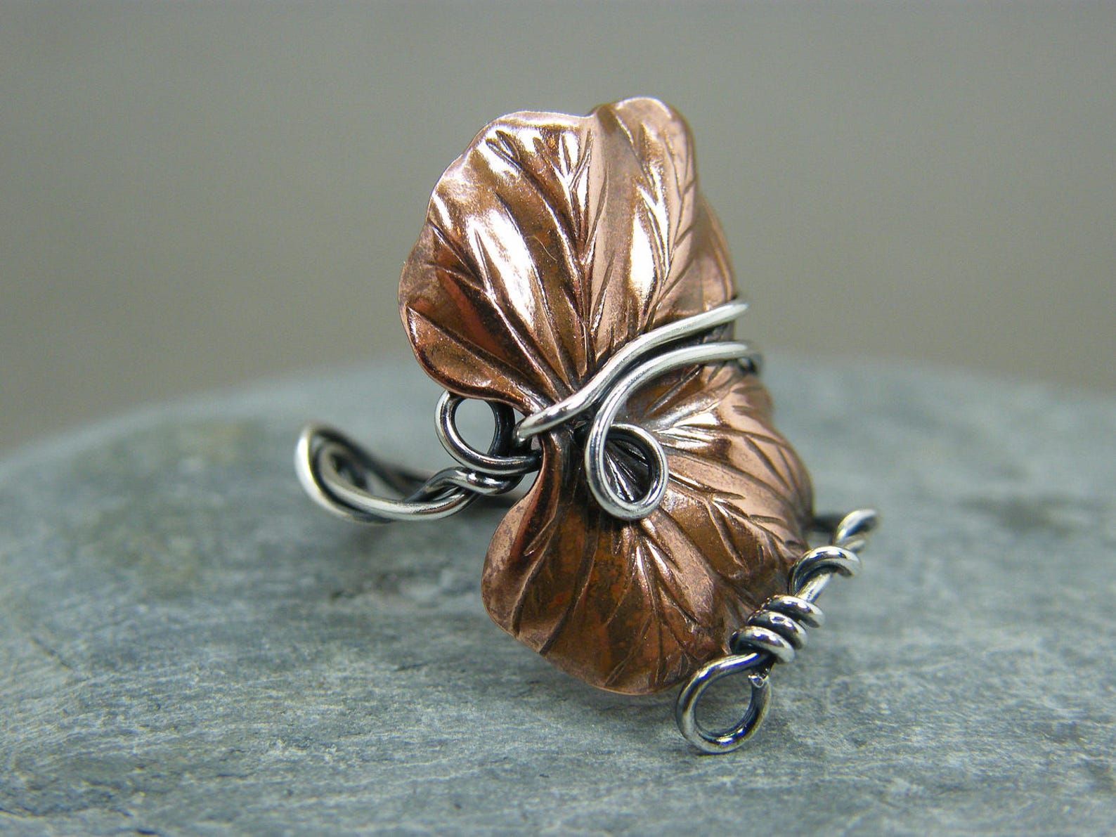 Adjustable copper thumb ring leaf ring with sterling silver | Etsy