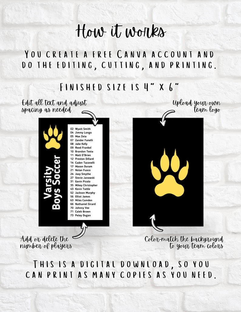 Design #1 EDITABLE Team Roster Card - You Personalize With Your Team ...