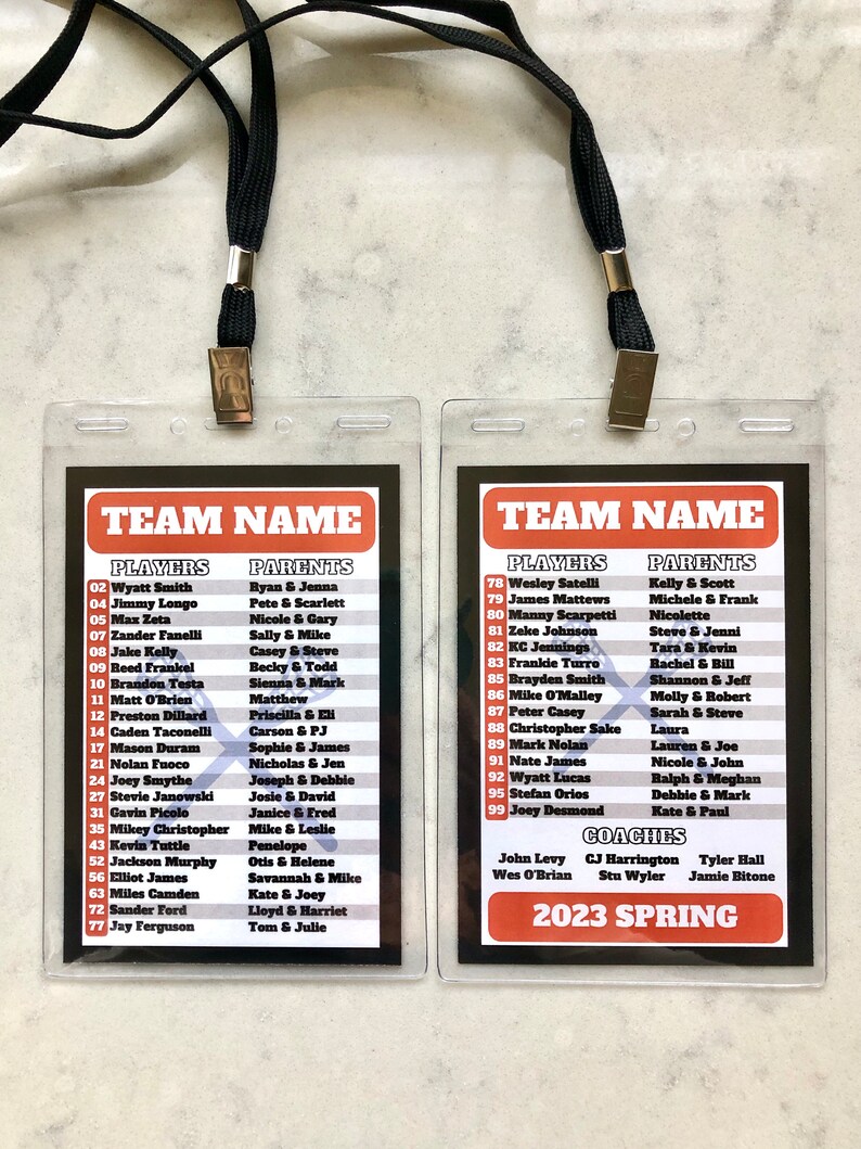 Team Roster Cards With Parent Names, Personalized With Your Team Logo ...