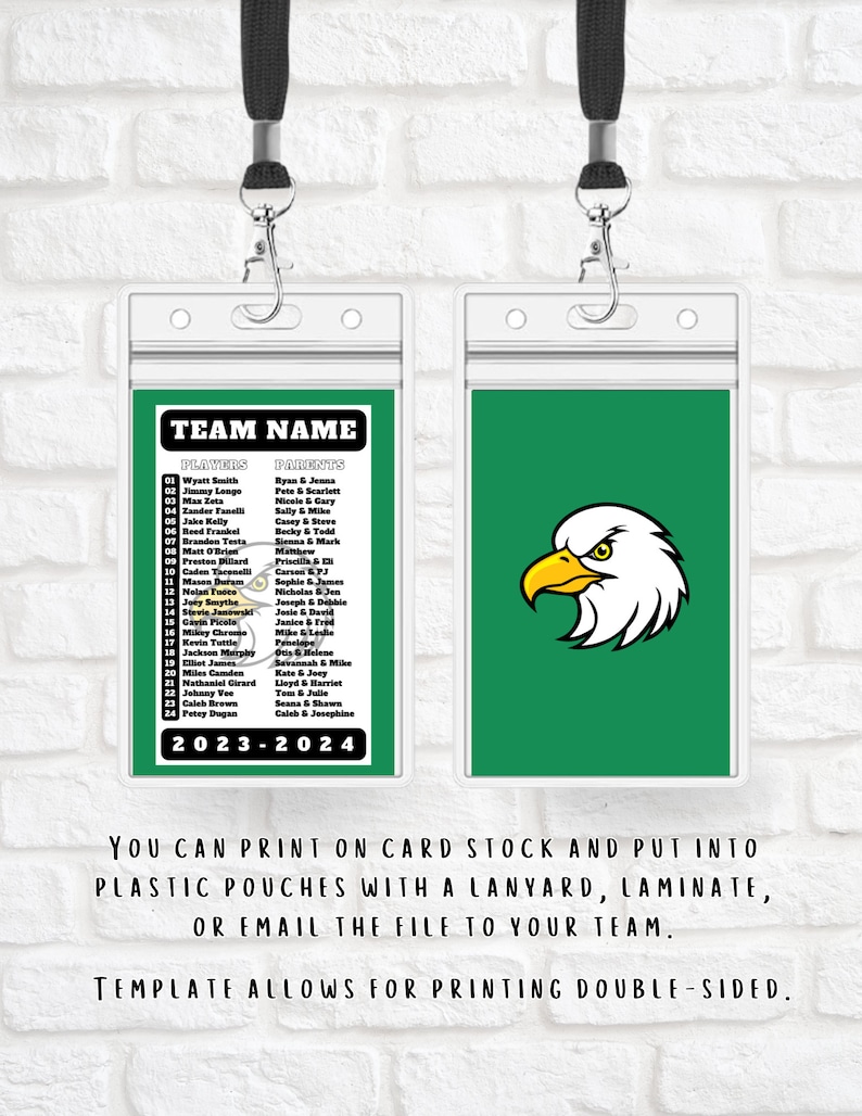 EDITABLE Team Roster Card TEMPLATE 2 - W/parent Names - You Personalize ...