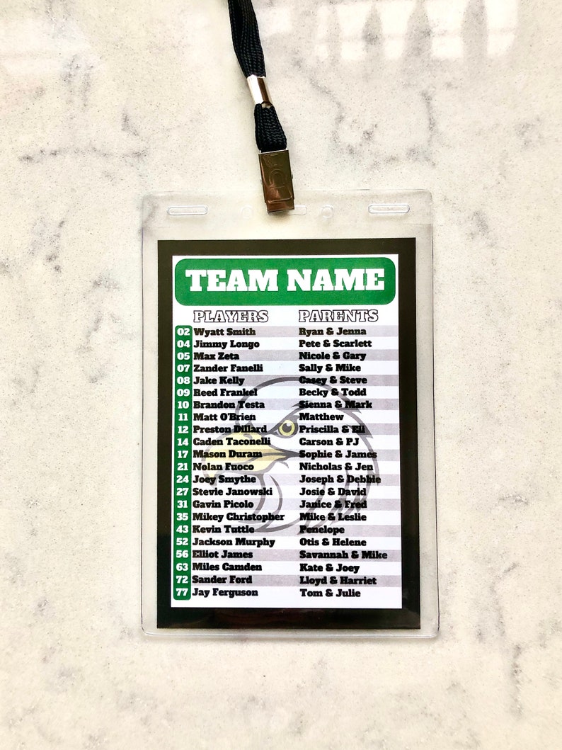 Team Roster Cards With Parent Names, Personalized With Your Team Logo ...